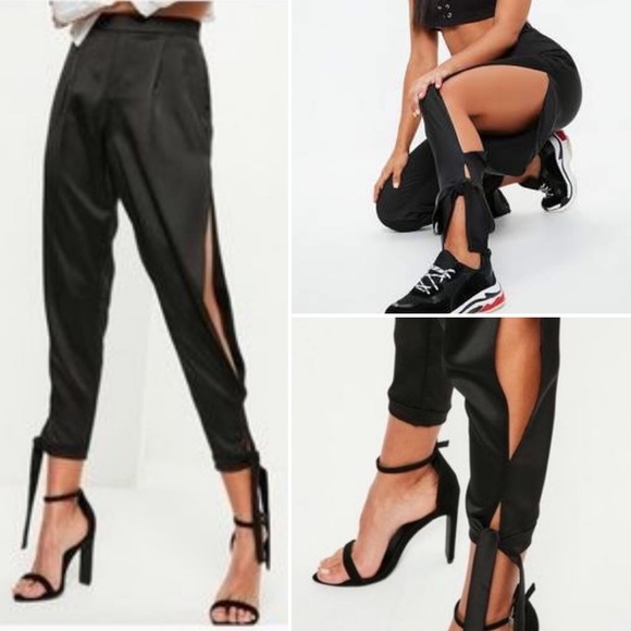 Missguided | Pants & Jumpsuits | Misguided Black High Shine Split Tie ...